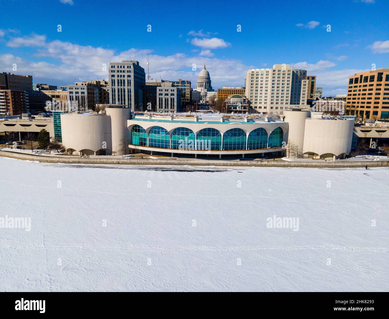 Winter, aerial photograph of downtown Madison, Wisconsin and the Monona ...