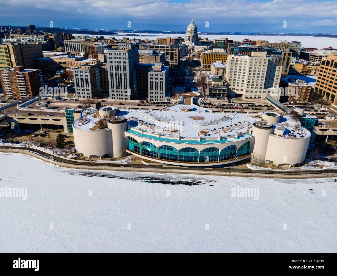 Winter, aerial photograph of downtown Madison, Wisconsin and the Monona ...