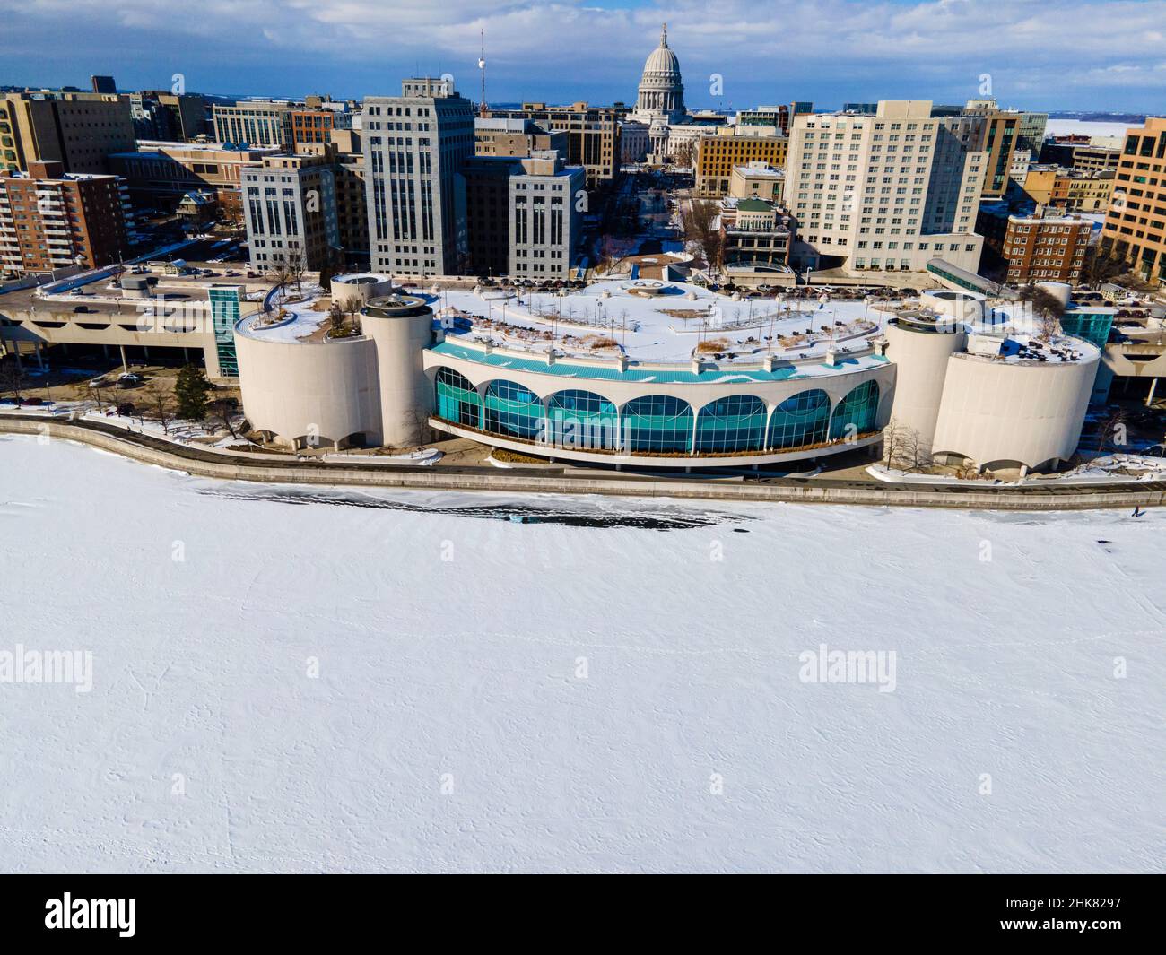 Winter, aerial photograph of downtown Madison, Wisconsin and the Monona ...
