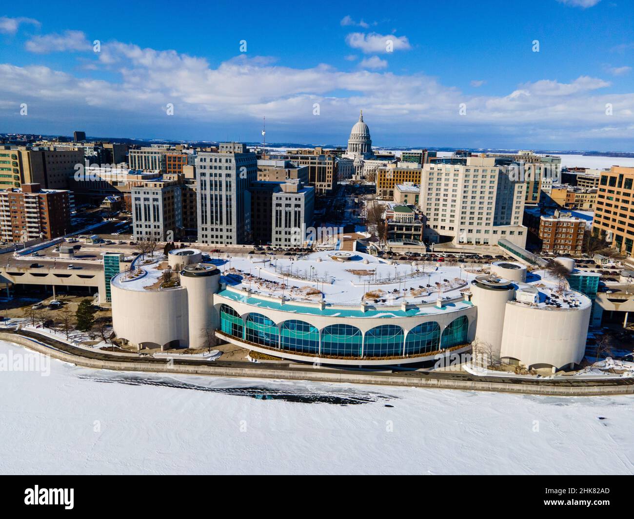 Winter, aerial photograph of downtown Madison, Wisconsin and the Monona ...