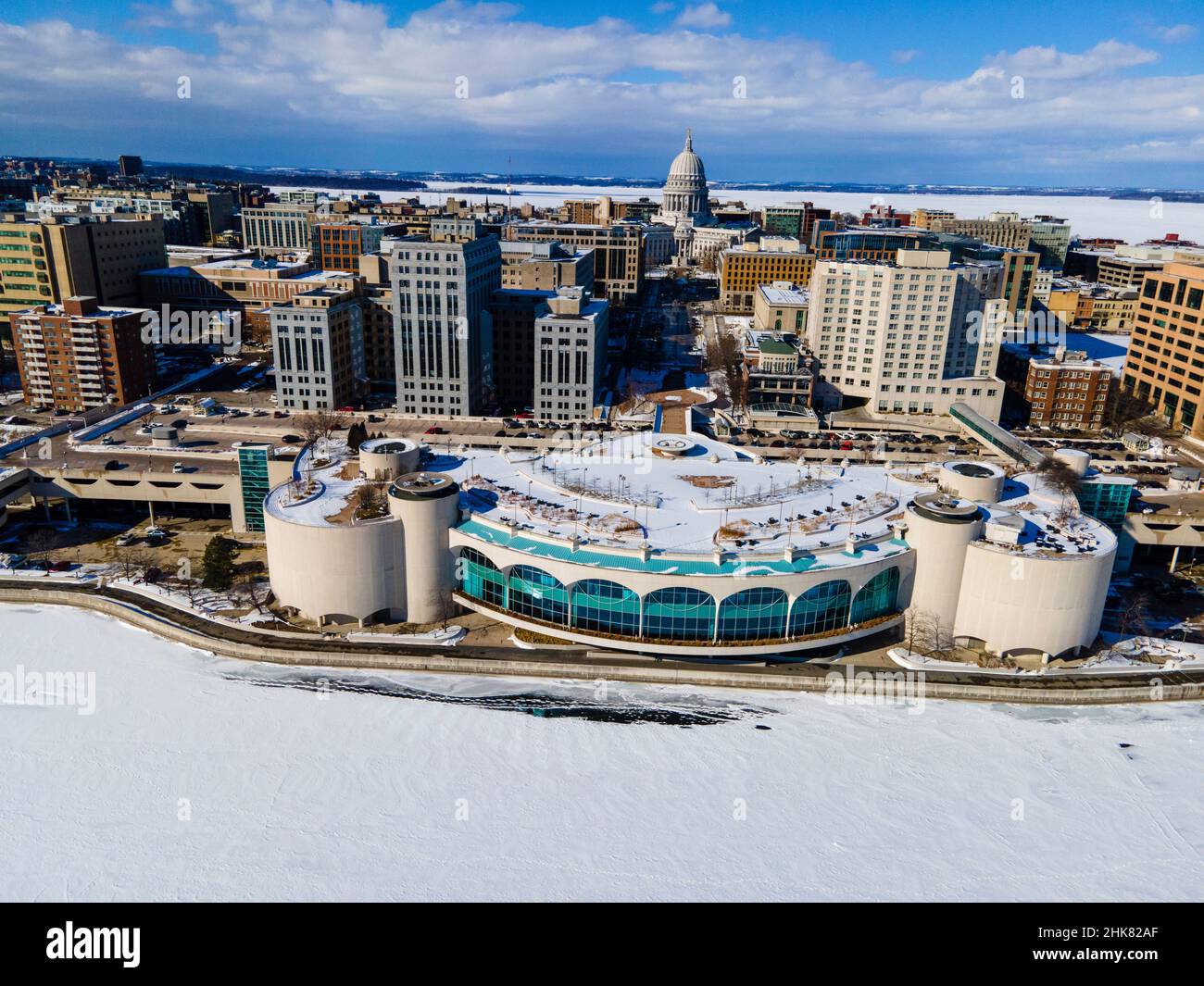 Winter, aerial photograph of downtown Madison, Wisconsin and the Monona ...