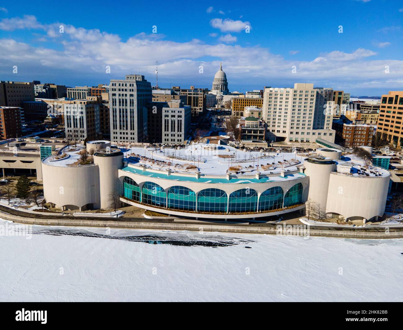 Winter, aerial photograph of downtown Madison, Wisconsin and the Monona ...