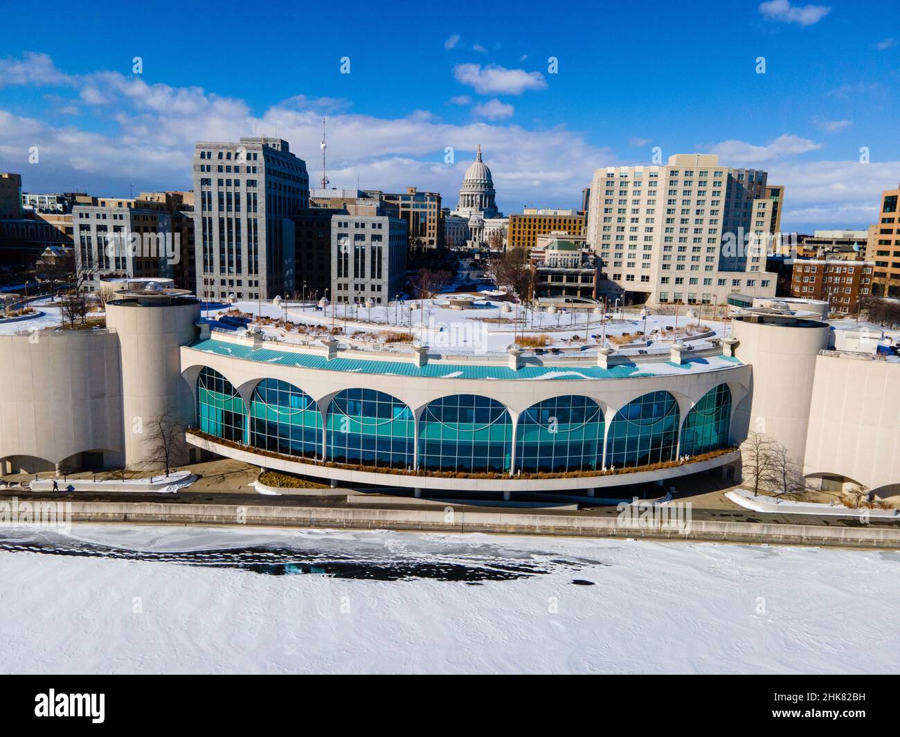 Winter, aerial photograph of downtown Madison, Wisconsin and the Monona ...