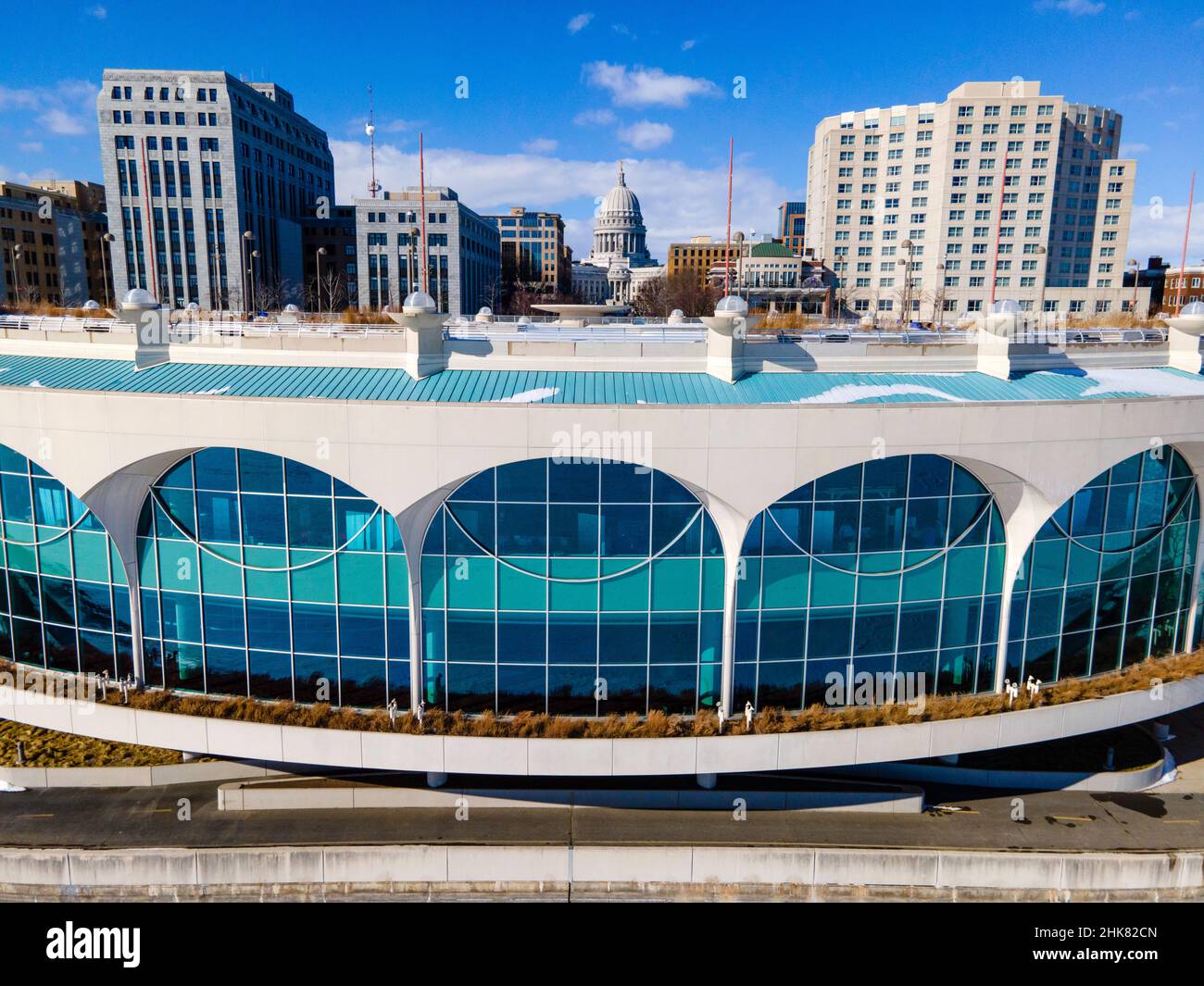 Winter, aerial photograph of downtown Madison, Wisconsin and the Monona ...