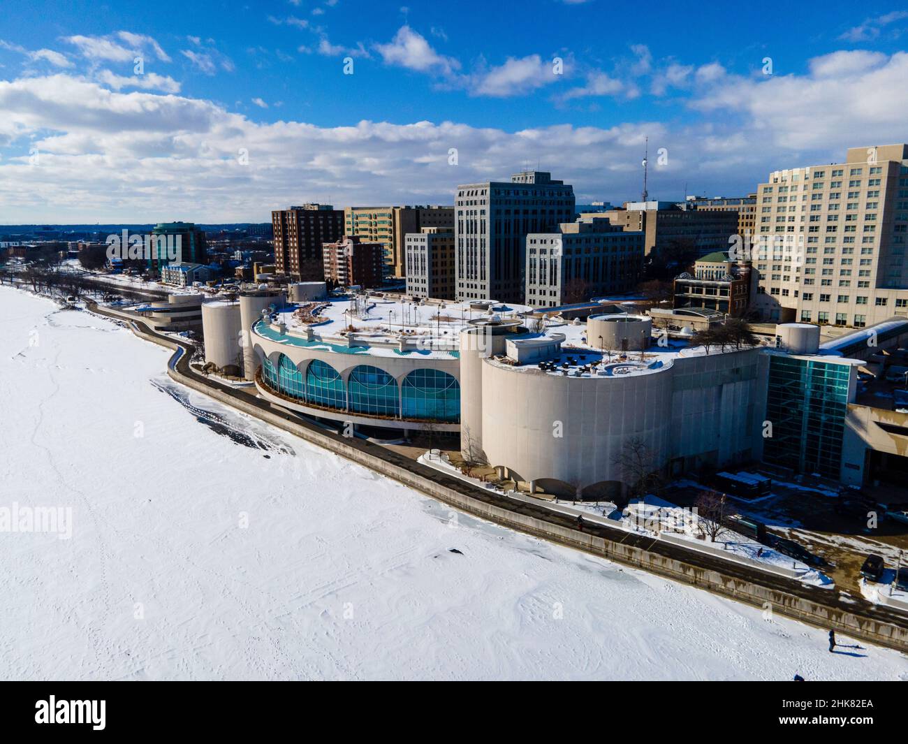 Winter, aerial photograph of downtown Madison, Wisconsin and the Monona ...
