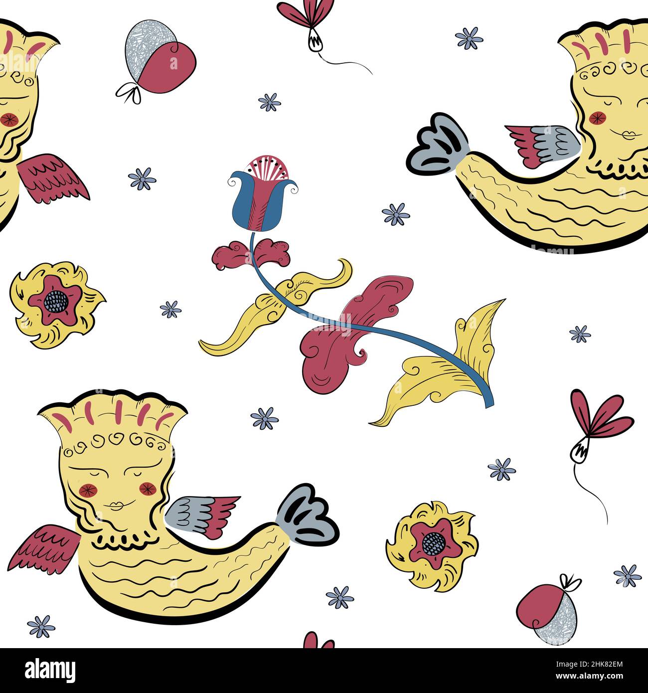 Folk russian seamless pattern, with sirin - half bird half woman ...