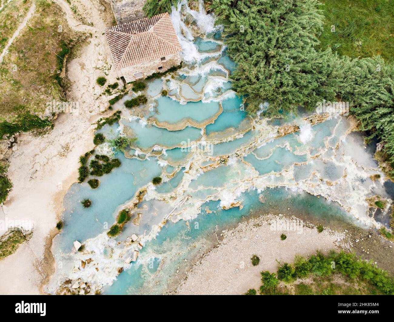 Aerial view of Terme di Saturnia, geothermal sulfur springs and natural ...