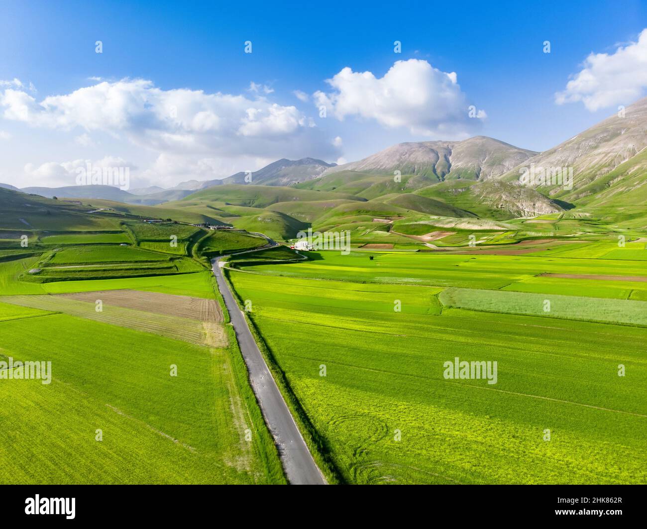 Aerial view of Piano Grande, large karstic plateau of Monti Sibillini ...