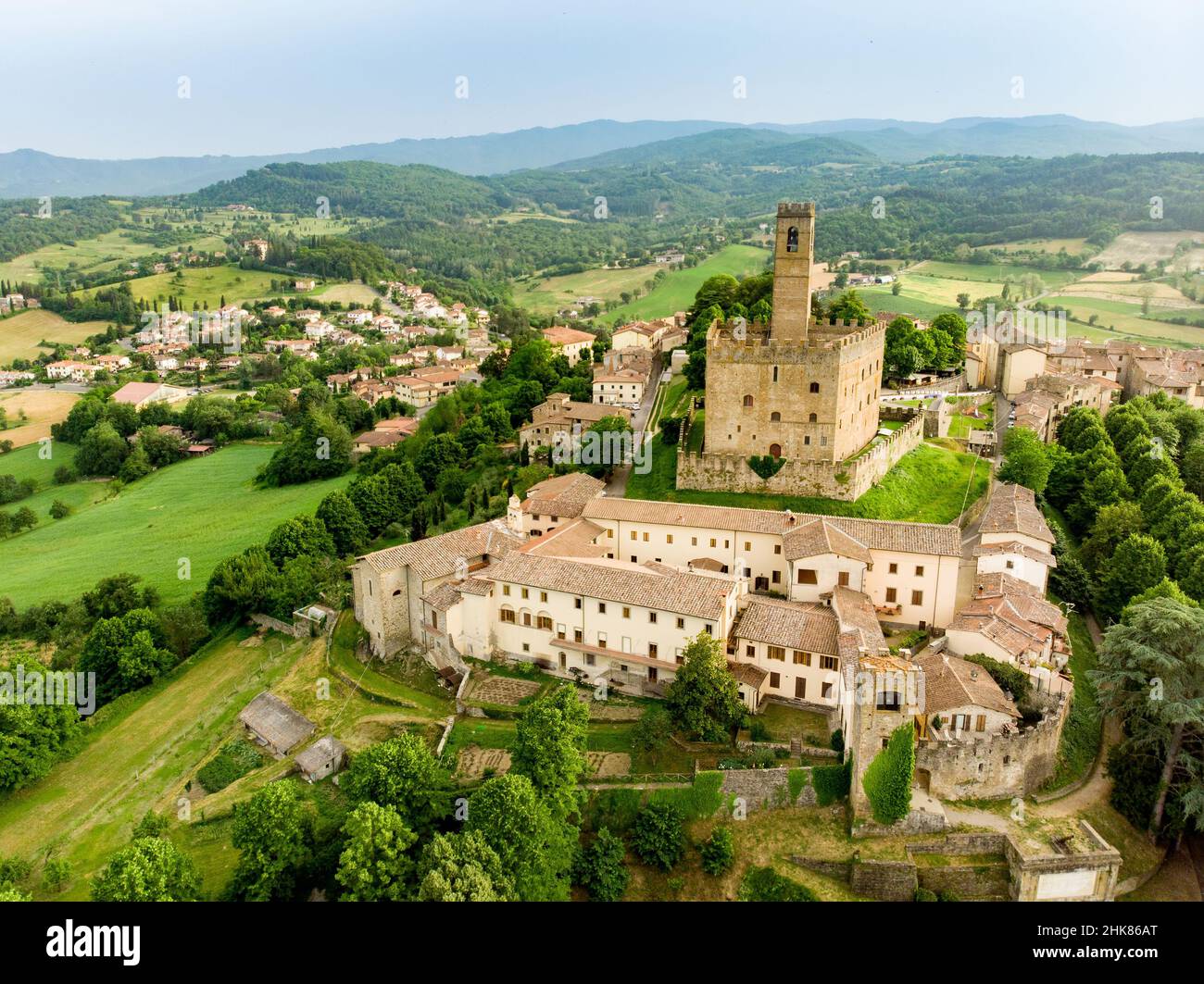 Aerial view of Bibbiena town, located in the province of Arezzo ...