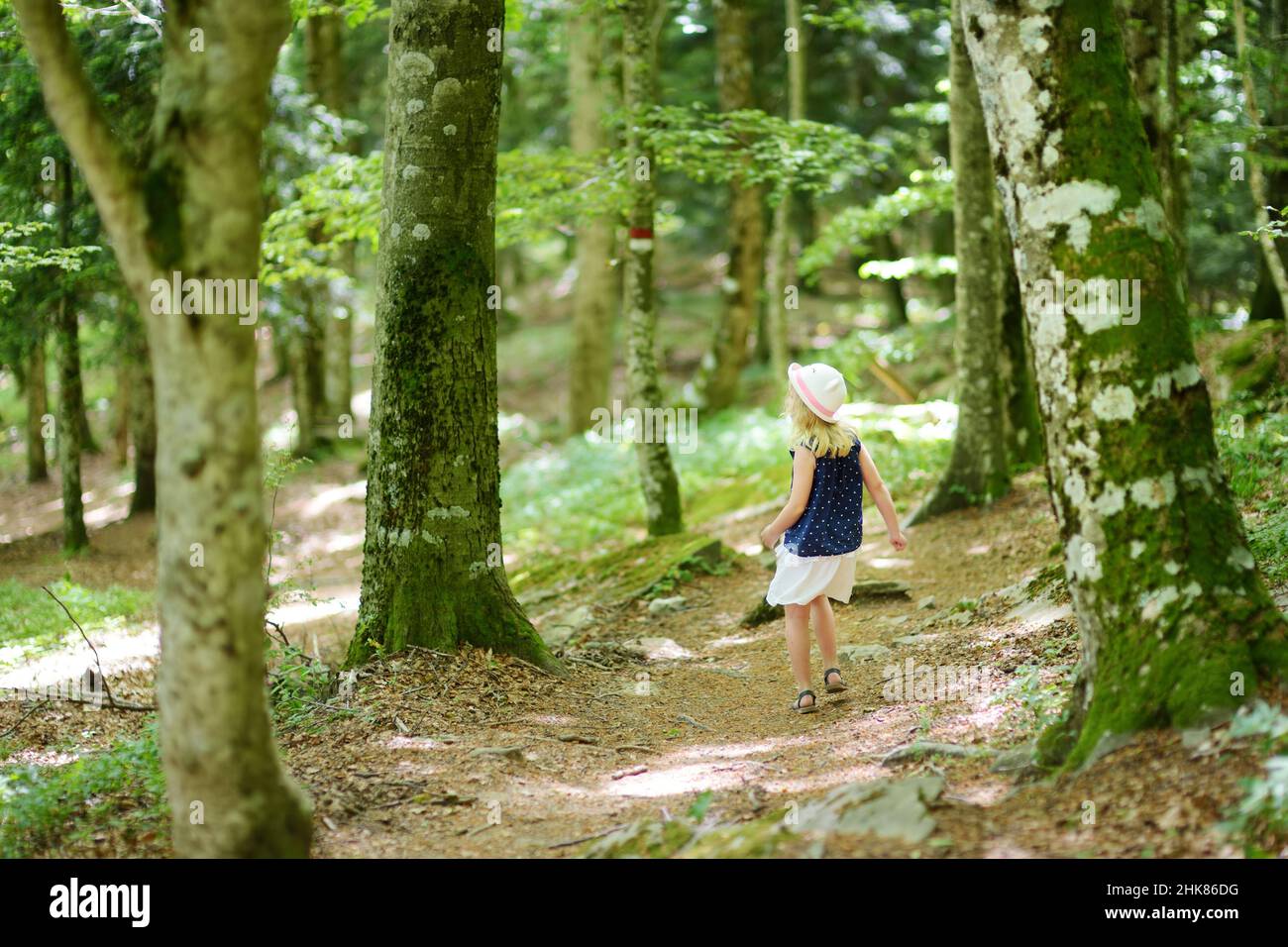 Young girl following a footpath around La Verna Sanctuary, Chiusi della ...