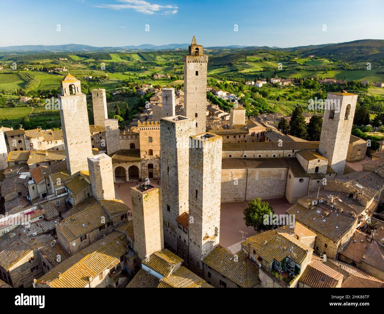 Aerial view of famous medieval San Gimignano hill town with its skyline ...