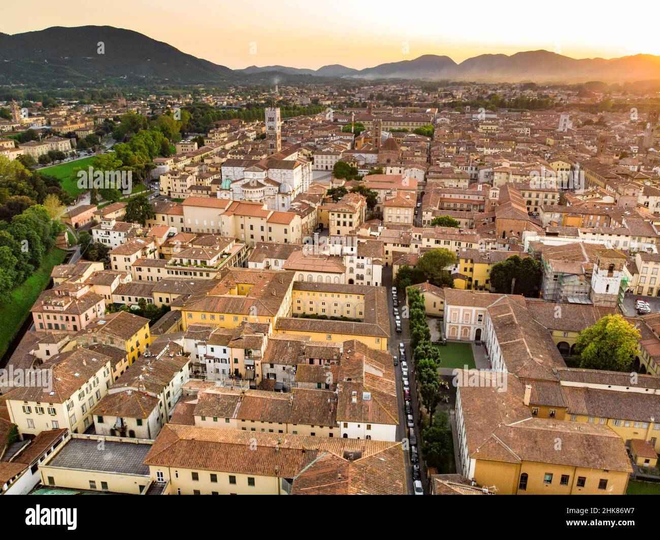 Aerial sunset view of famous Lucca city, known for its intact ...