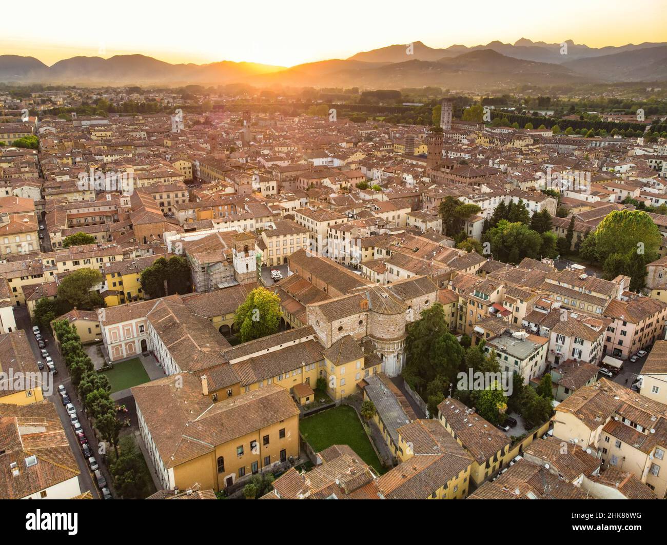 Aerial sunset view of famous Lucca city, known for its intact ...