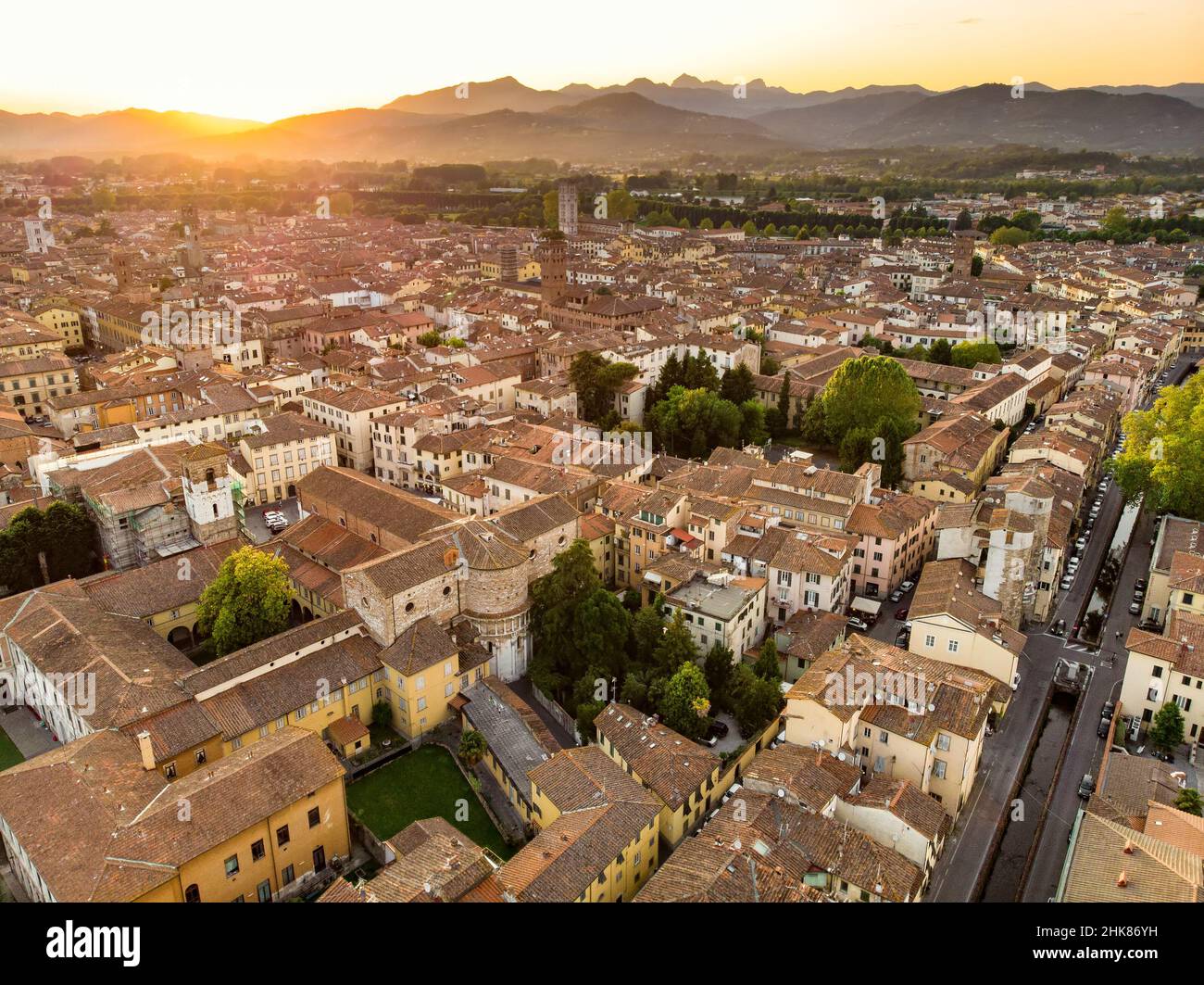 Aerial sunset view of famous Lucca city, known for its intact ...
