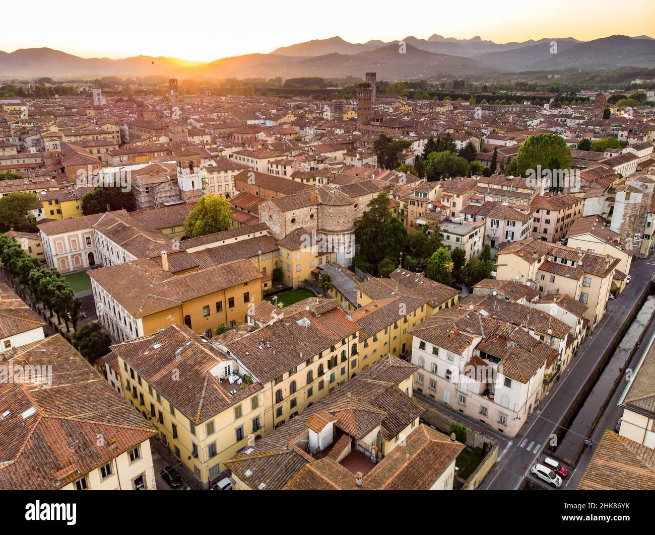Aerial sunset view of famous Lucca city, known for its intact ...