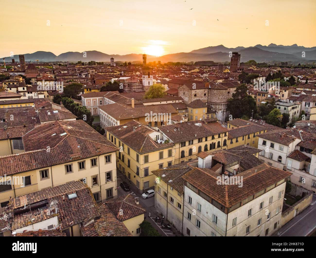Aerial sunset view of famous Lucca city, known for its intact ...