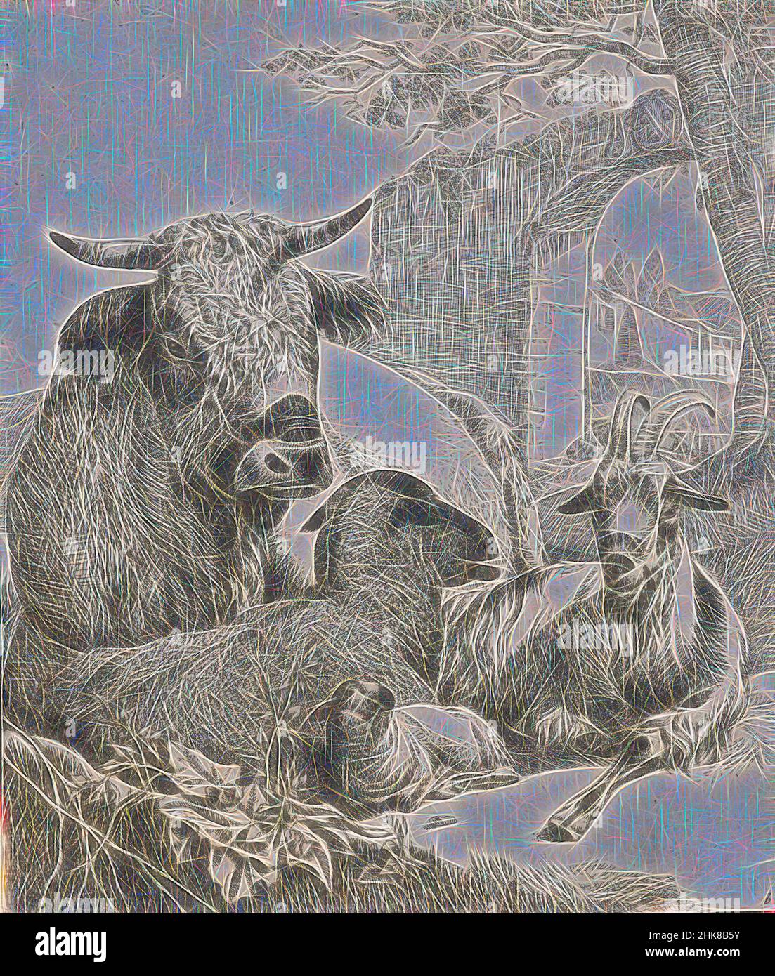 Inspired by Sheep, goats and cows series: Recumbent bull., Johann Roos ...
