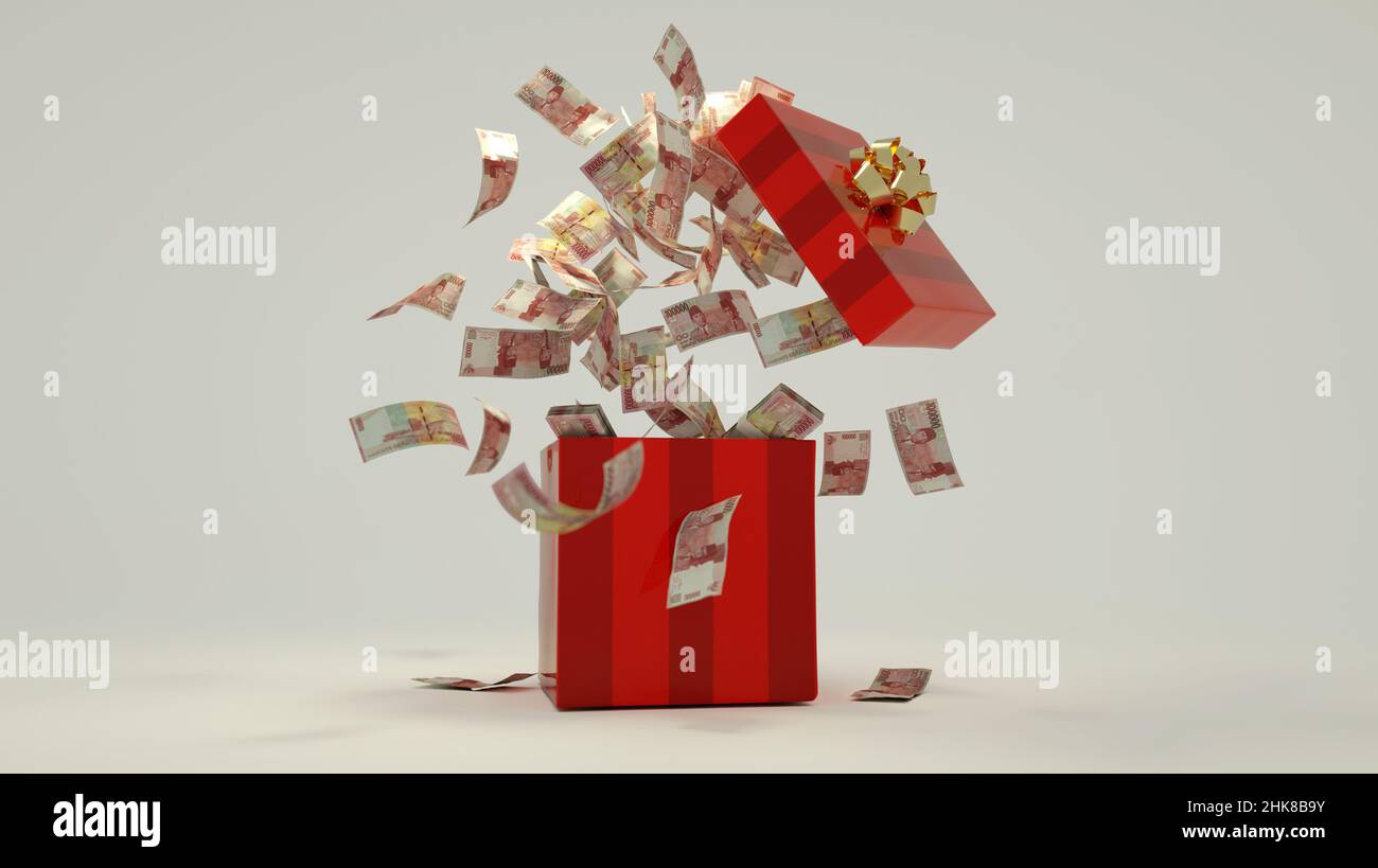 3D rendering of A lot of 100000 Indonesian rupiah notes coming out of ...