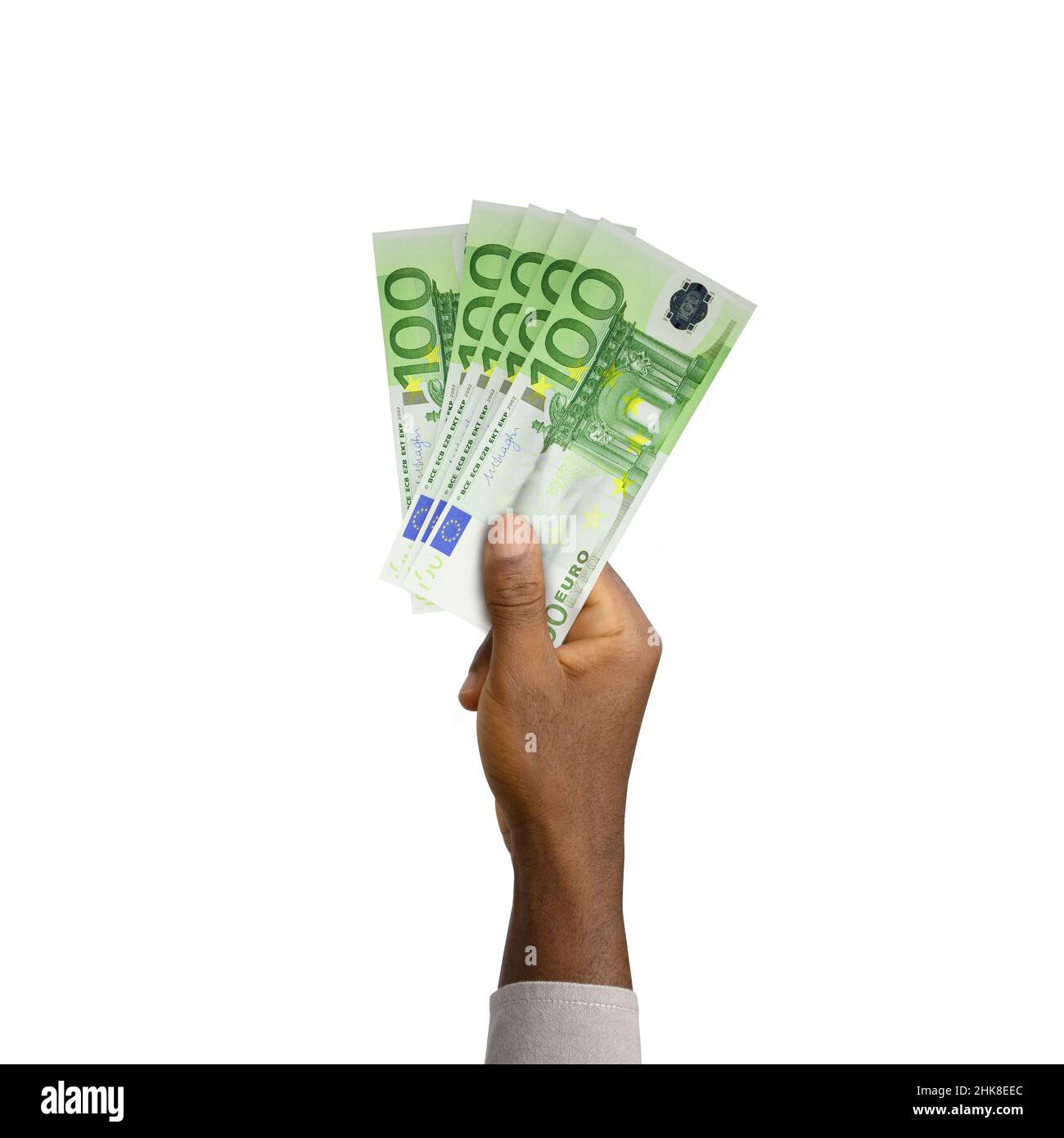 Black Hand holding 3D rendered 100 Euro notes isolated on white ...