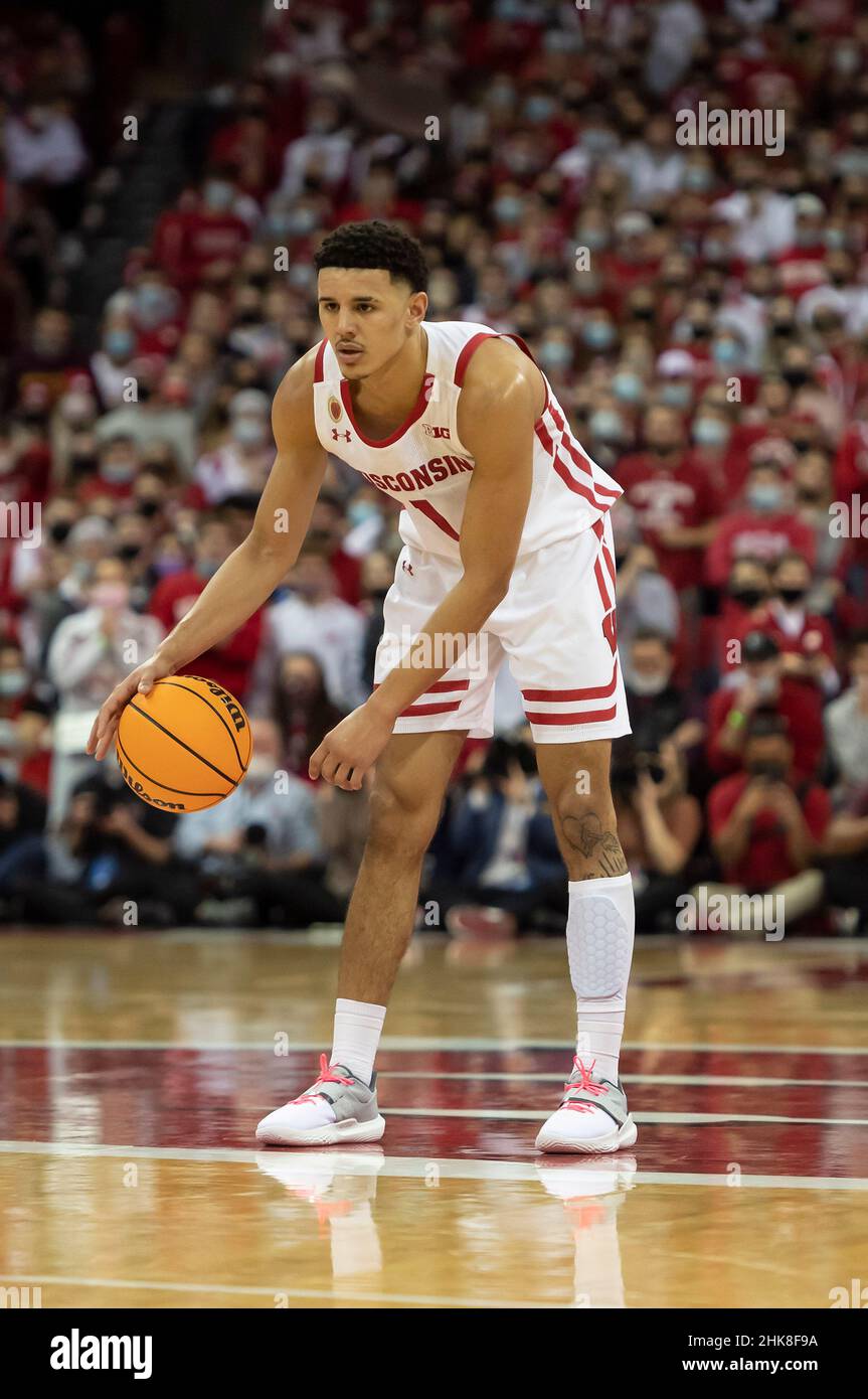 January 30, 2022: Wisconsin Badgers guard Johnny Davis #1 dribbles the ...