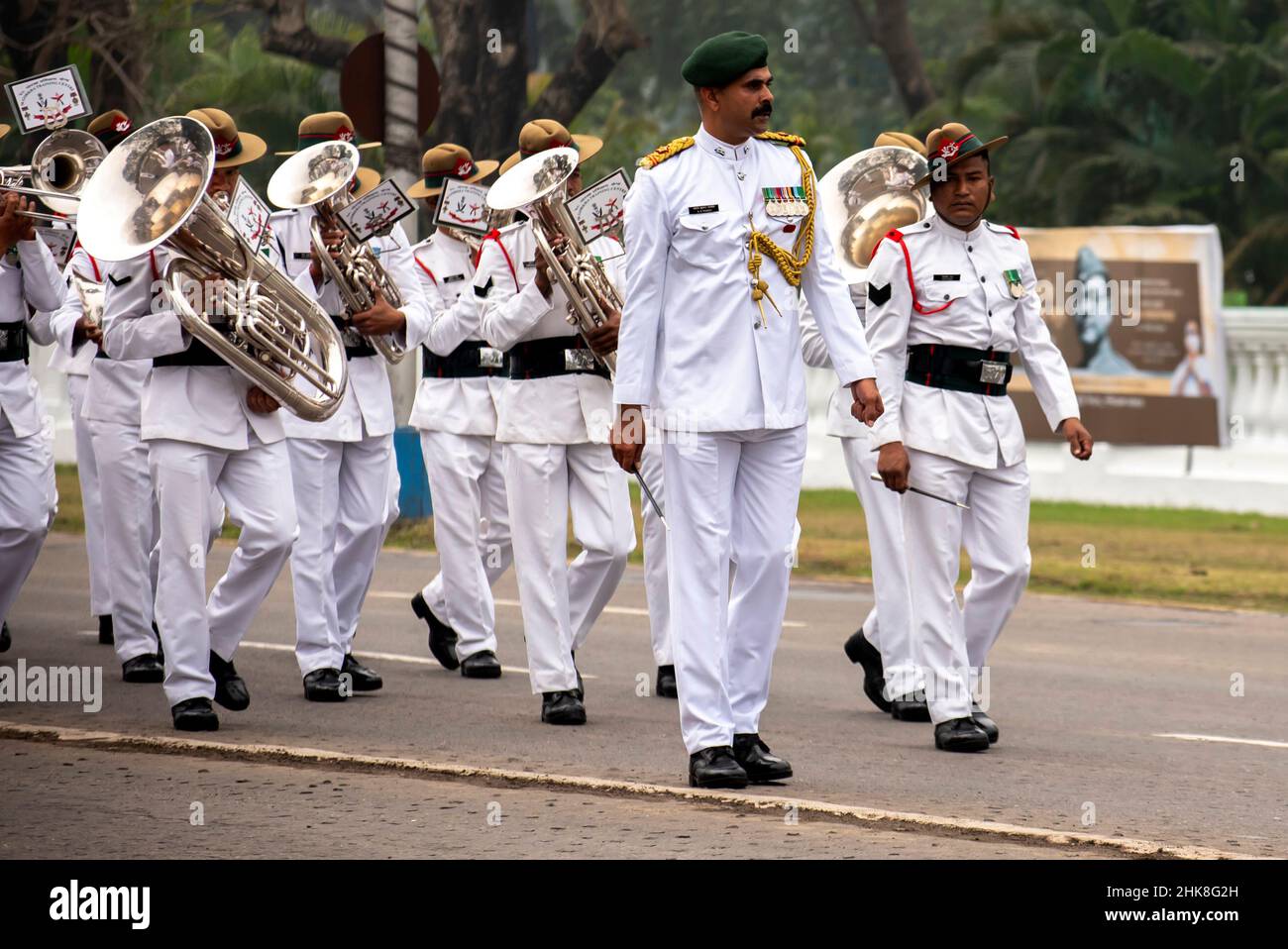 Calcutta, India - January 24, 2022: Indian army bagpiper practice their ...