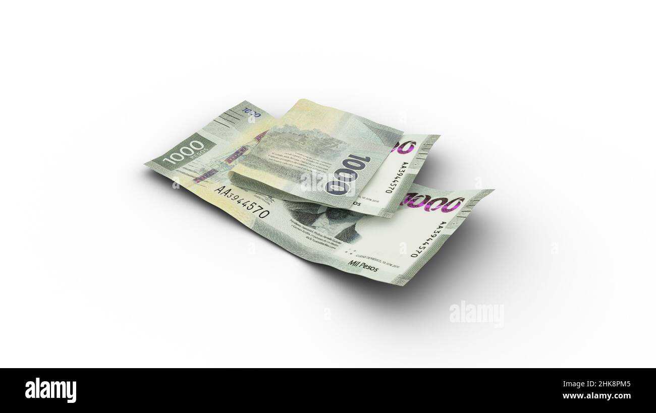 3D rendering of 1000 Double Mexican Peso notes with shadows isolated on ...