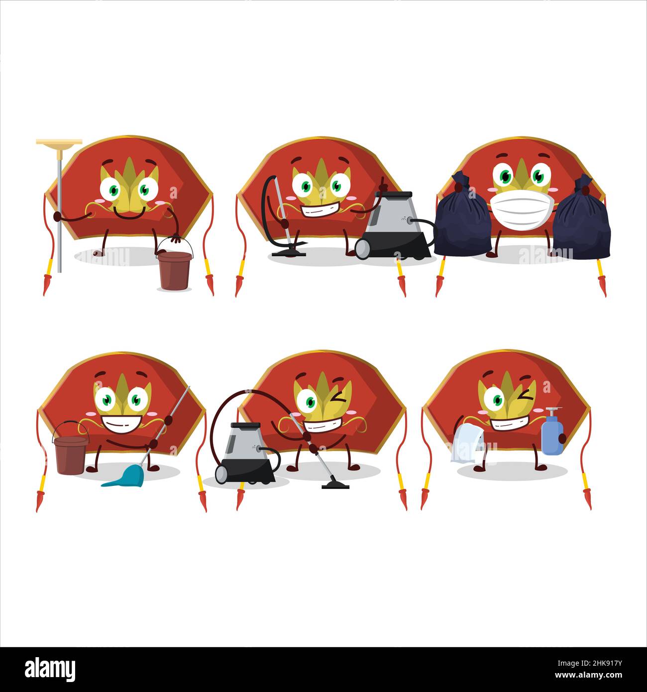 Cleaning service red chinese woman hat cute cartoon character using mop ...