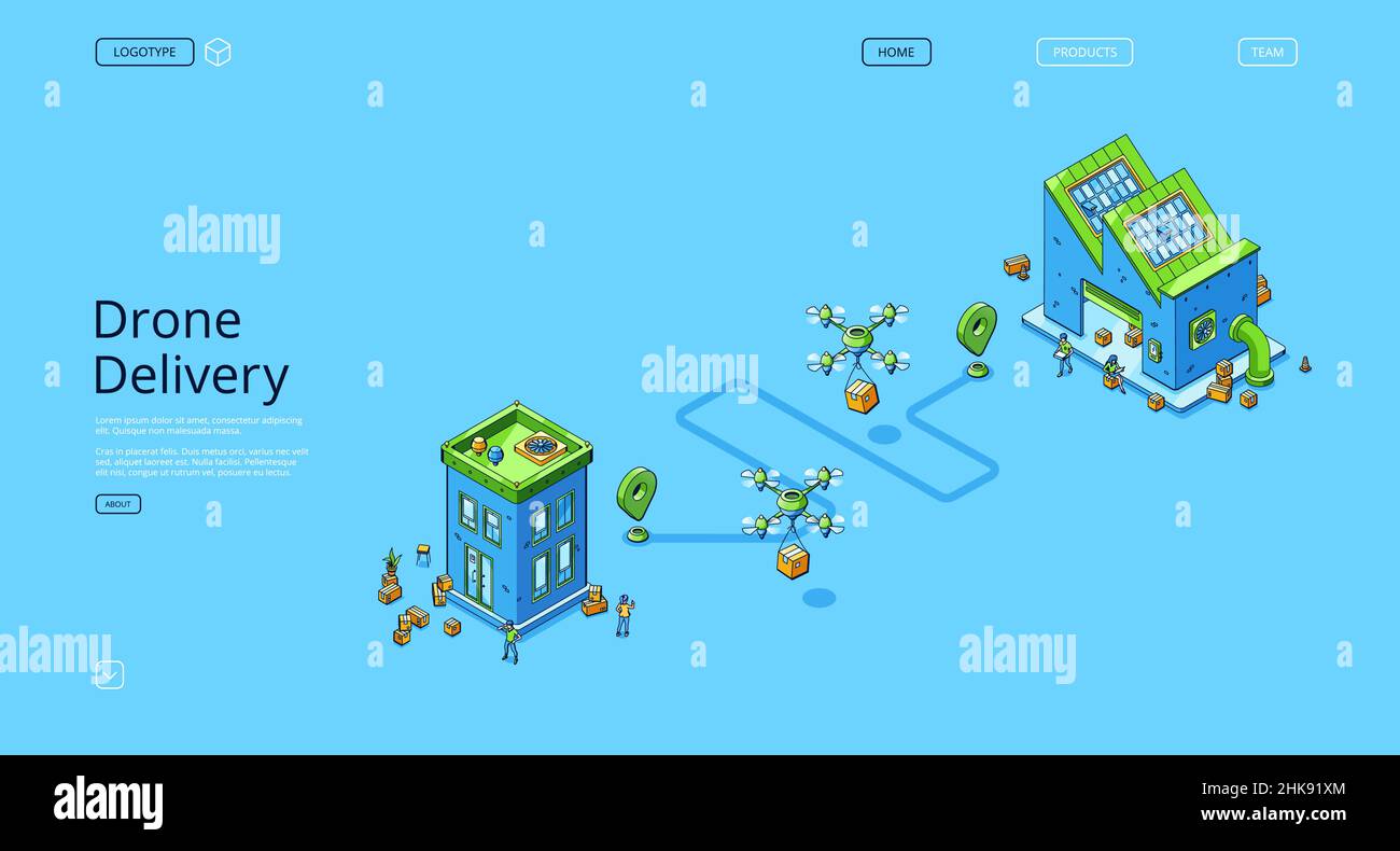Drone delivery isometric landing page, quadcopters shipping parcels ...