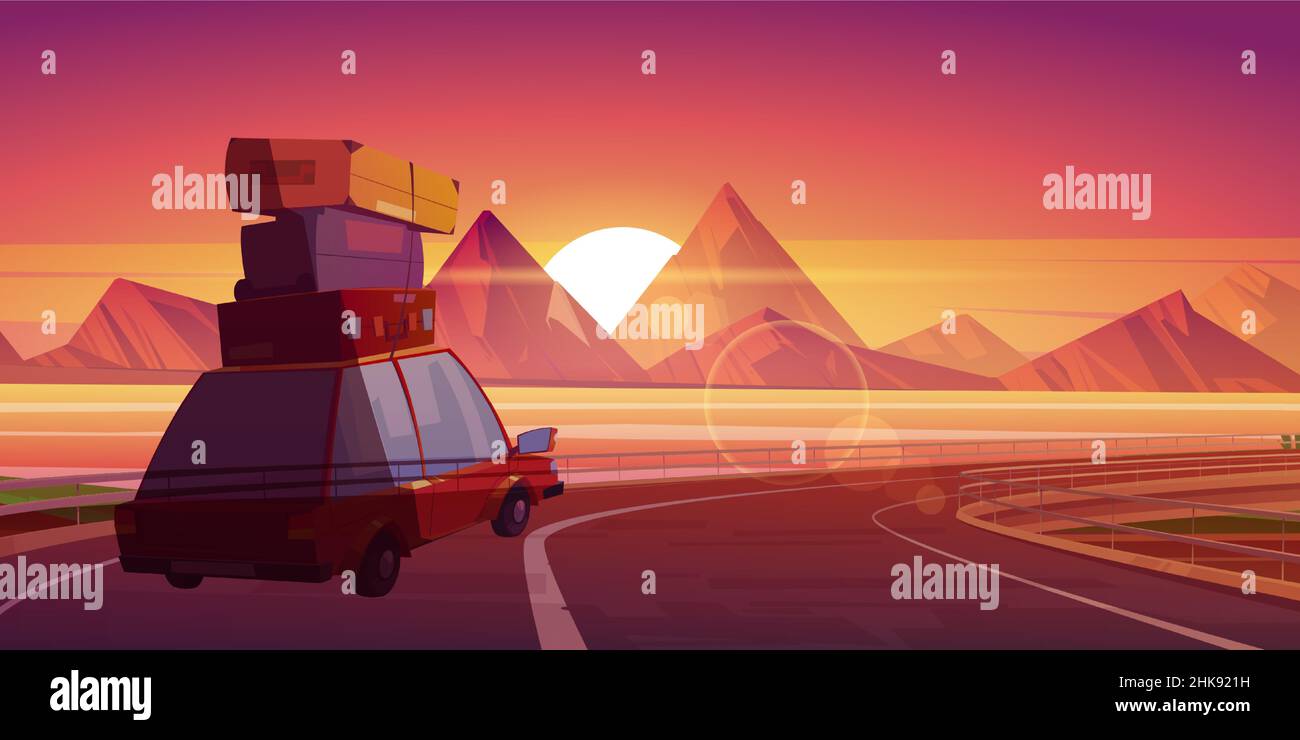Car journey, summer travel, road trip at scenery sunset landscape with ...