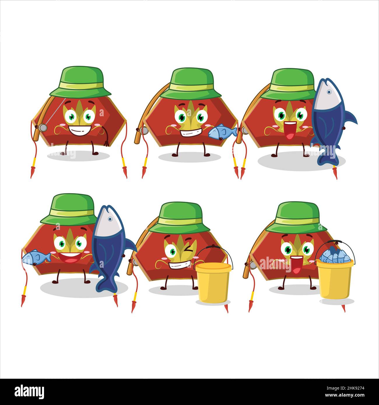 A fisherman red chinese woman hat cartoon picture catch a big fish ...