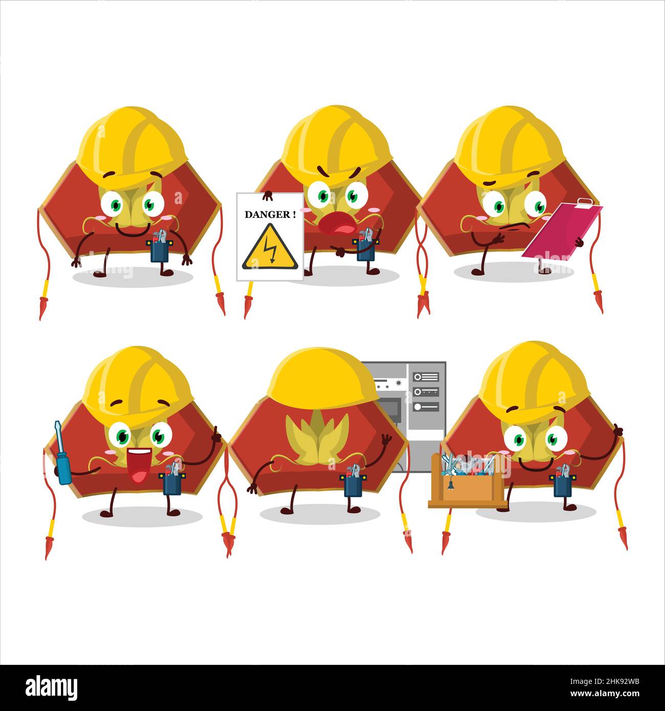 Professional Lineman red chinese woman hat cartoon character with tools ...