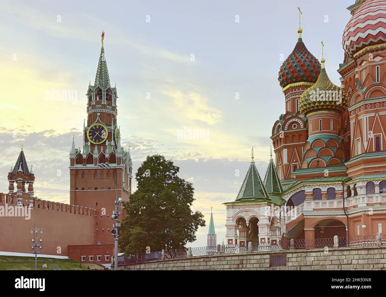 Moscow Kremlin and St. Basil's Cathedral on red square. Spasskaya tower ...