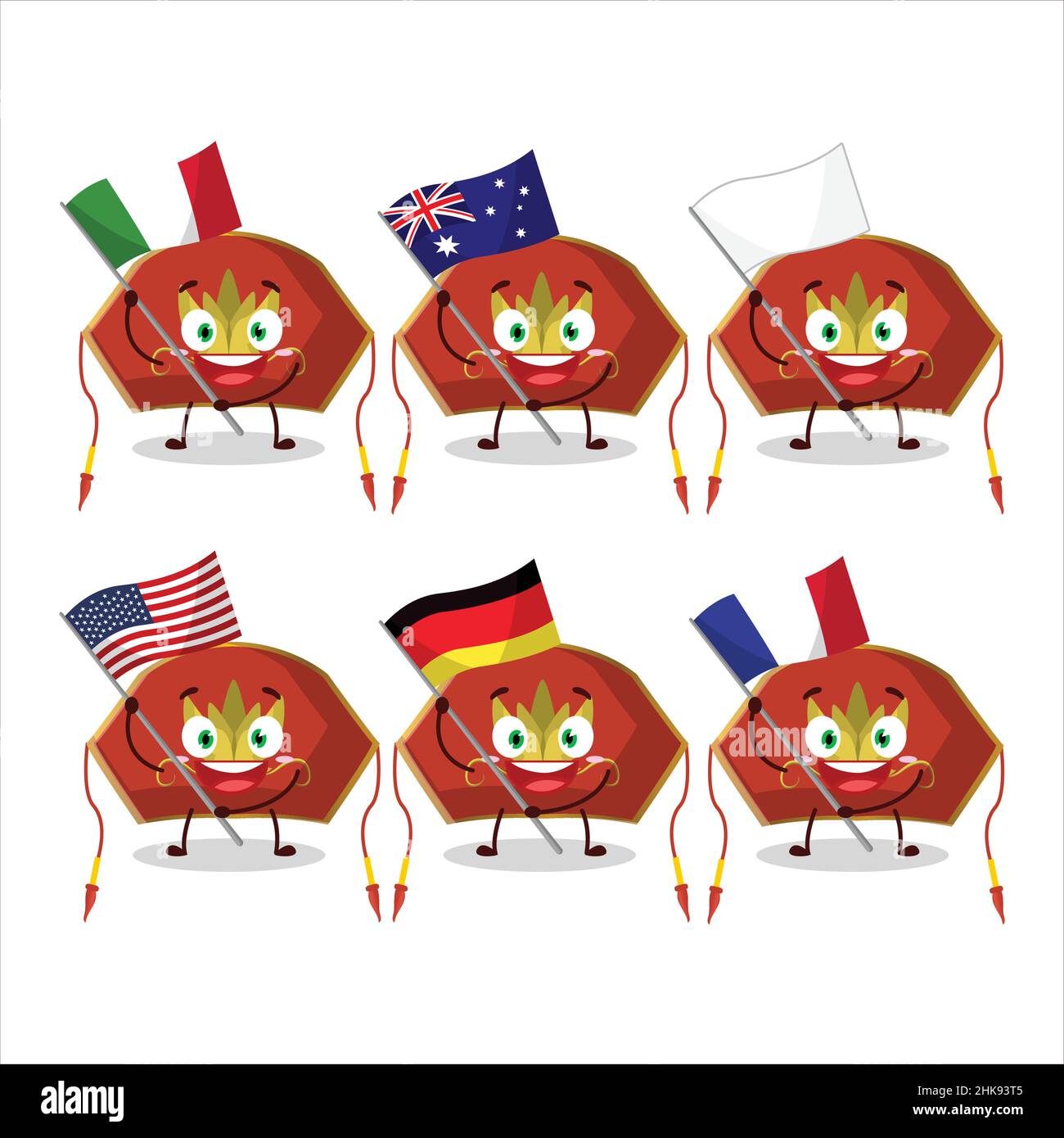 Red Chinese Woman Hat Cartoon Character Bring The Flags Of Various