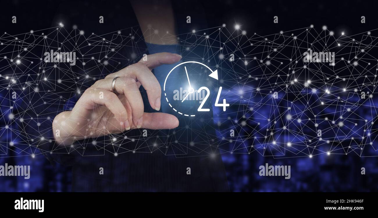 Full time service concept. Hand hold digital hologram 24 7 all day all ...