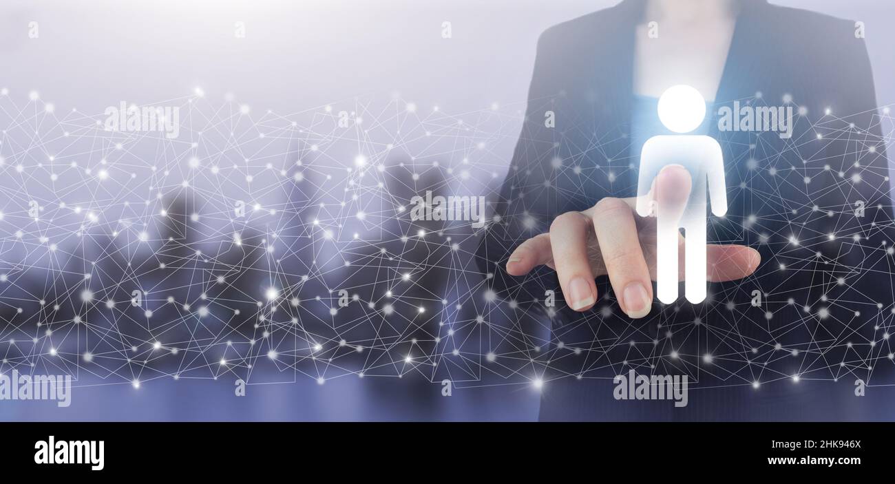 Human search.Leader and CEO. Hand touch digital screen hologram Human ...