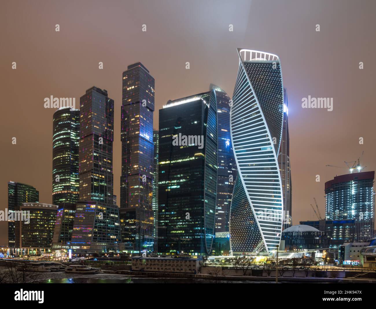 Moscow city at winter night. Modern skyscrapers in Moscow-city downtown ...