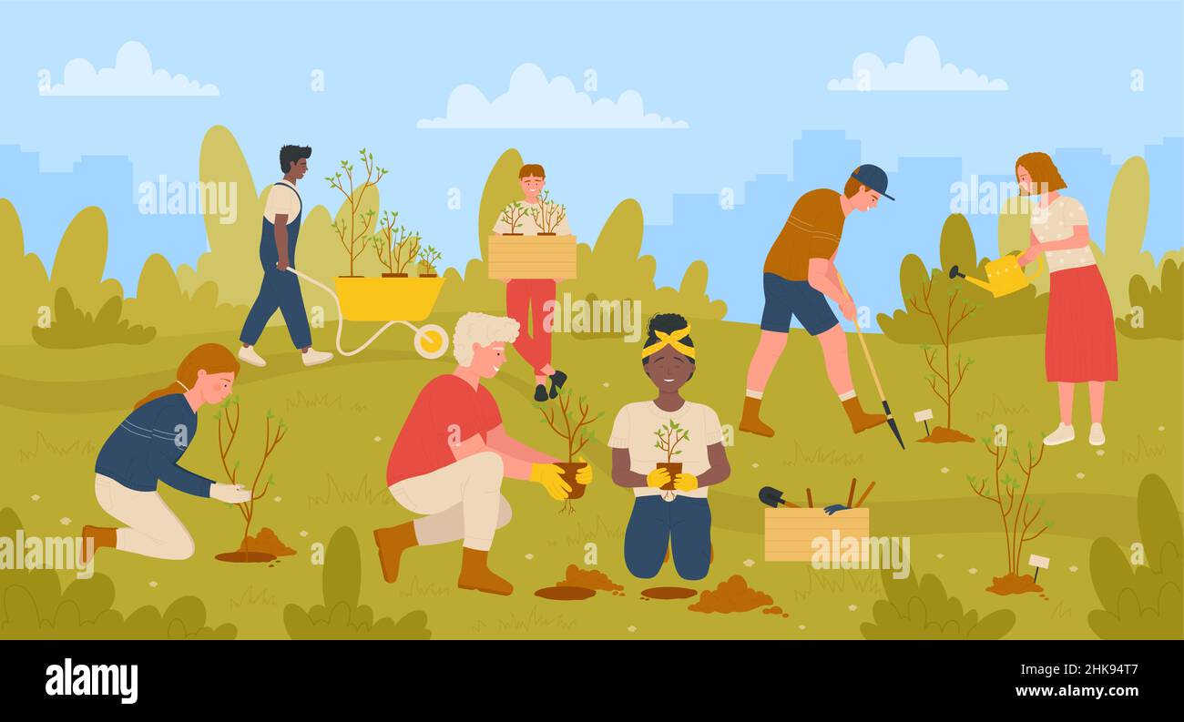 Gardeners people work in eco garden together vector illustration ...