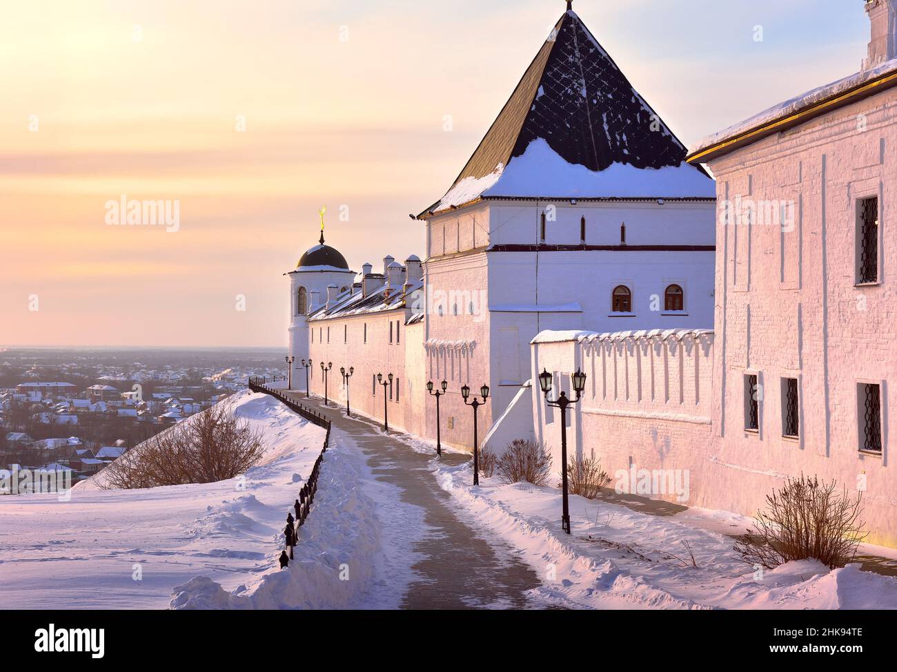 Tobolsk Kremlin in winter. White stone towers of the eastern fortress ...