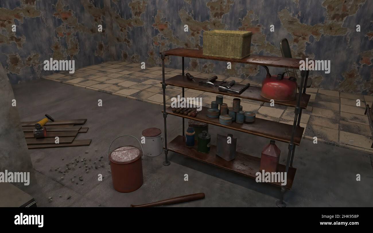 Brick basement with unnecessary obsolete things 3d illustration Stock ...