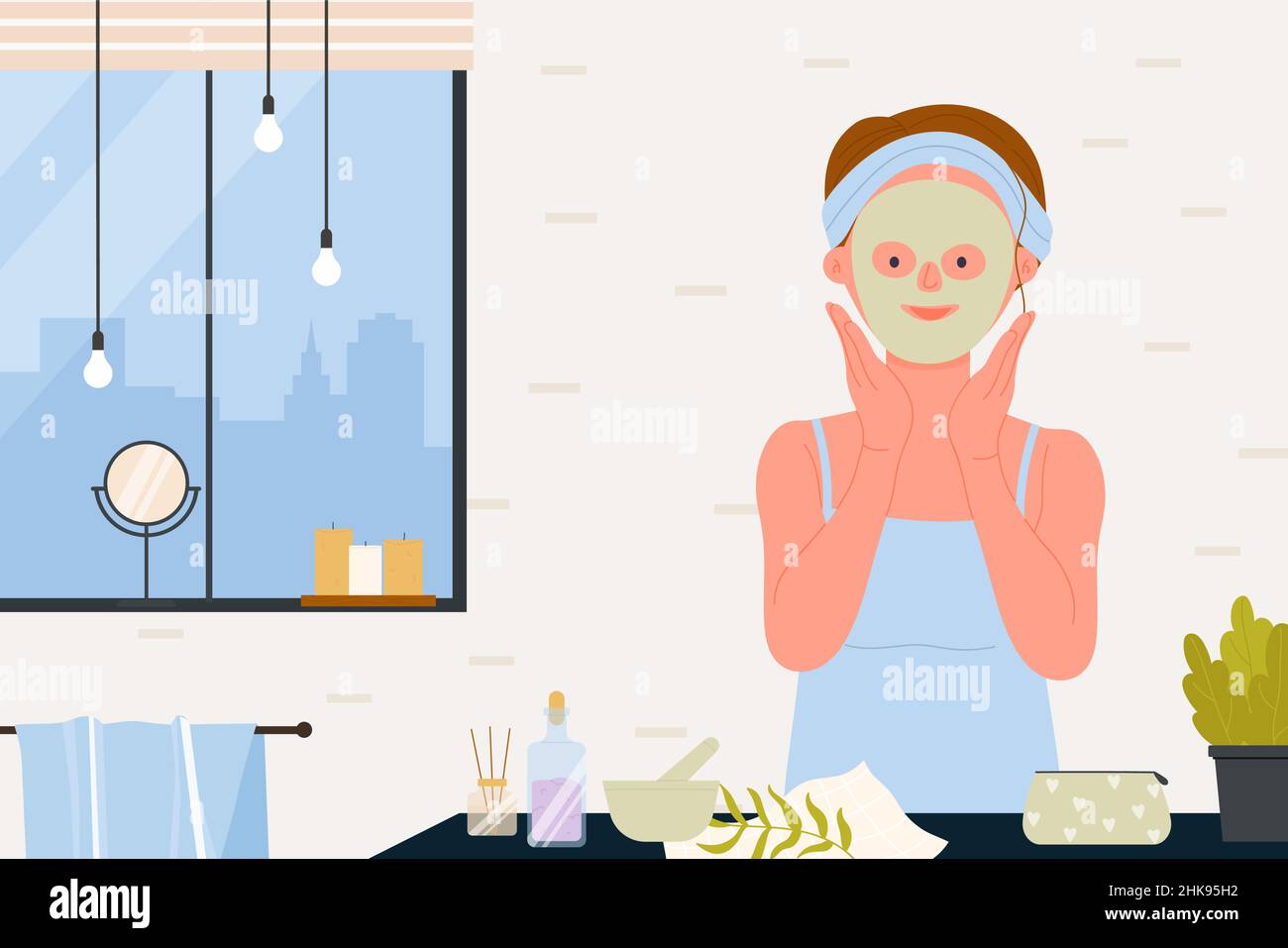 Beauty skincare at home vector illustration. Cartoon girl applying ...