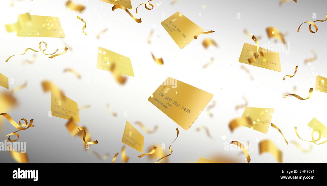 Abstract background with gold credit cards and confetti randomly flying ...