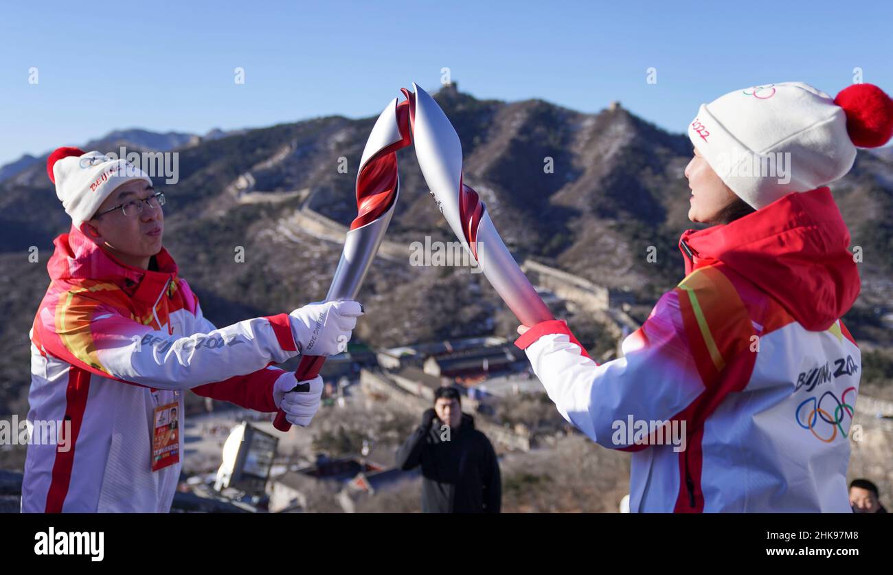 Beijing, China. 3rd Feb, 2022. Torch bearers Yuan Weihua (R) and Li ...