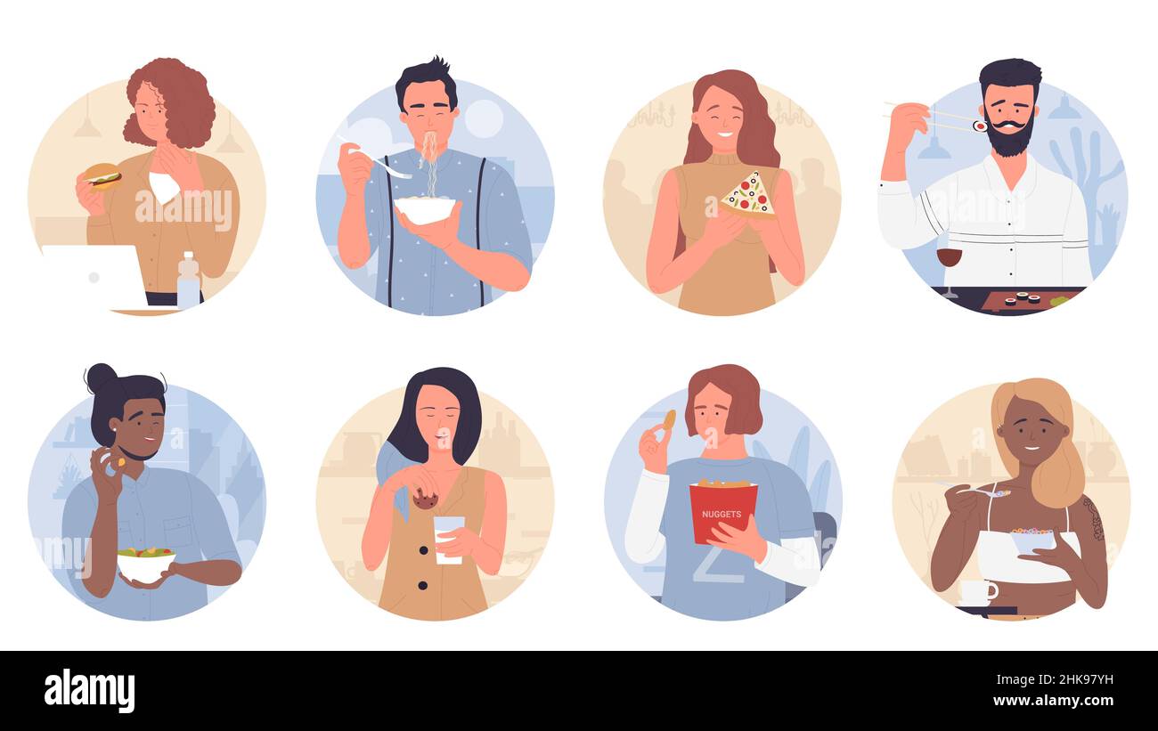 Happy people eat food in round avatar set vector illustration. Cartoon ...