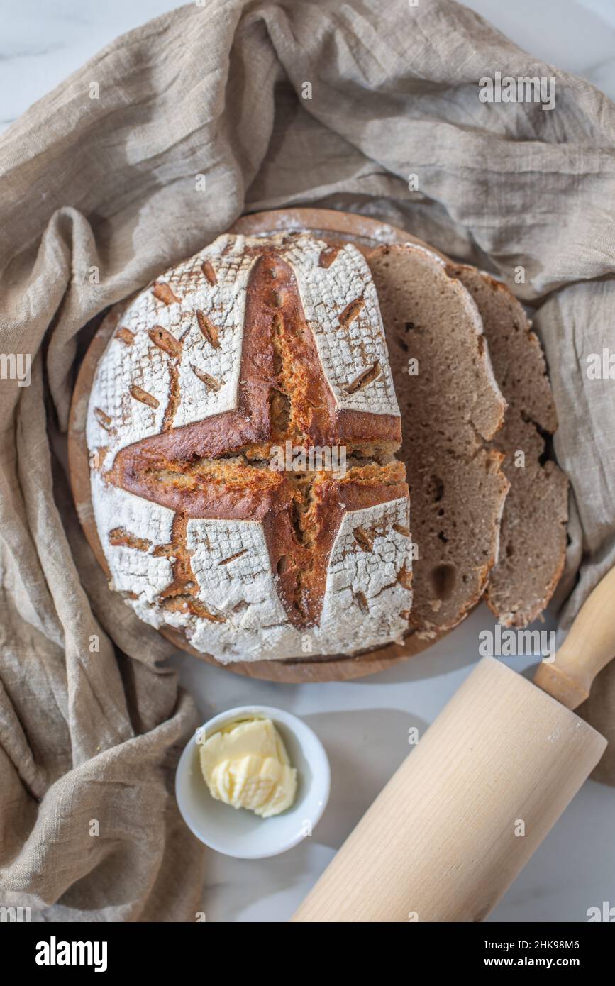 Fresh crispy homemade bread with whole grain flour Stock Photo - Alamy