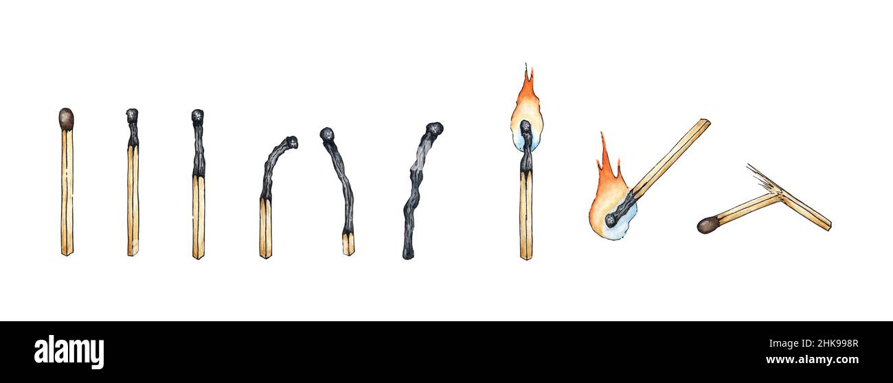 Watercolor illustration set of different matches. Ignite the fire ...