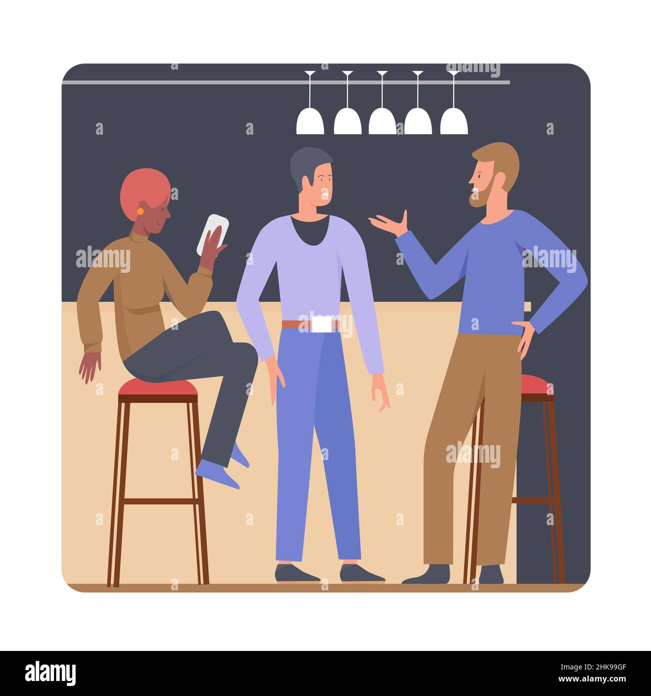 Group of friends talking at bar counter. People meeting and spending ...