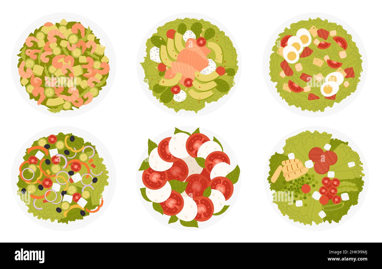 Salads in bowl top view, healthy food set vector illustration. Cartoon ...