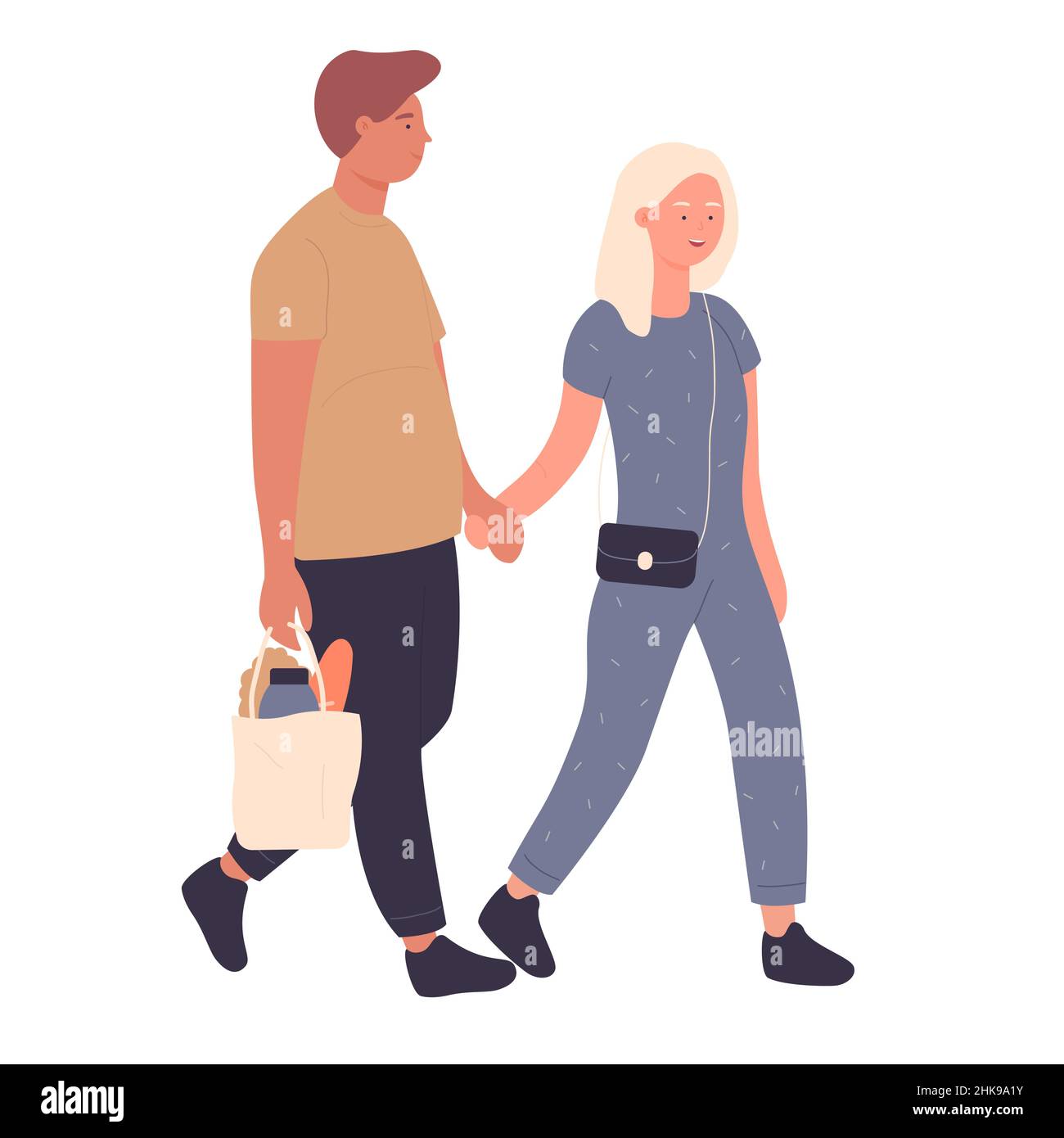 Happy couple walking and holding hands. Shopping and living together ...