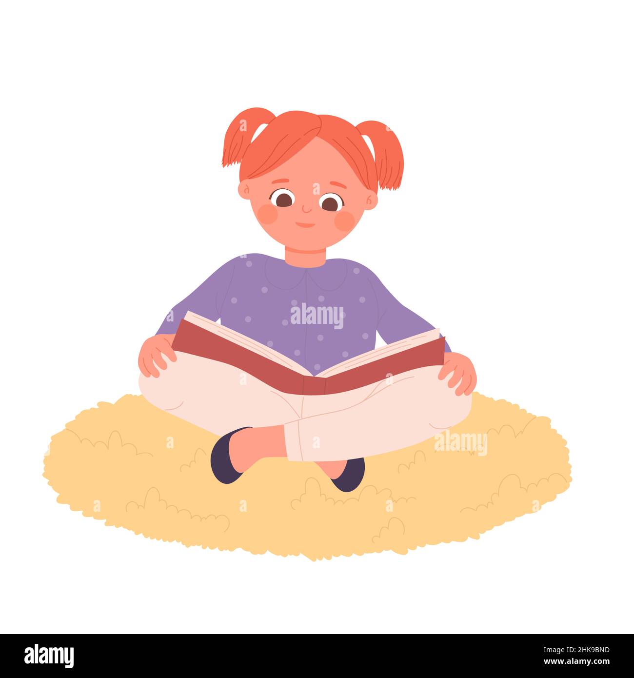 Cute little red haired girl sitting and reading storybook. Literature ...