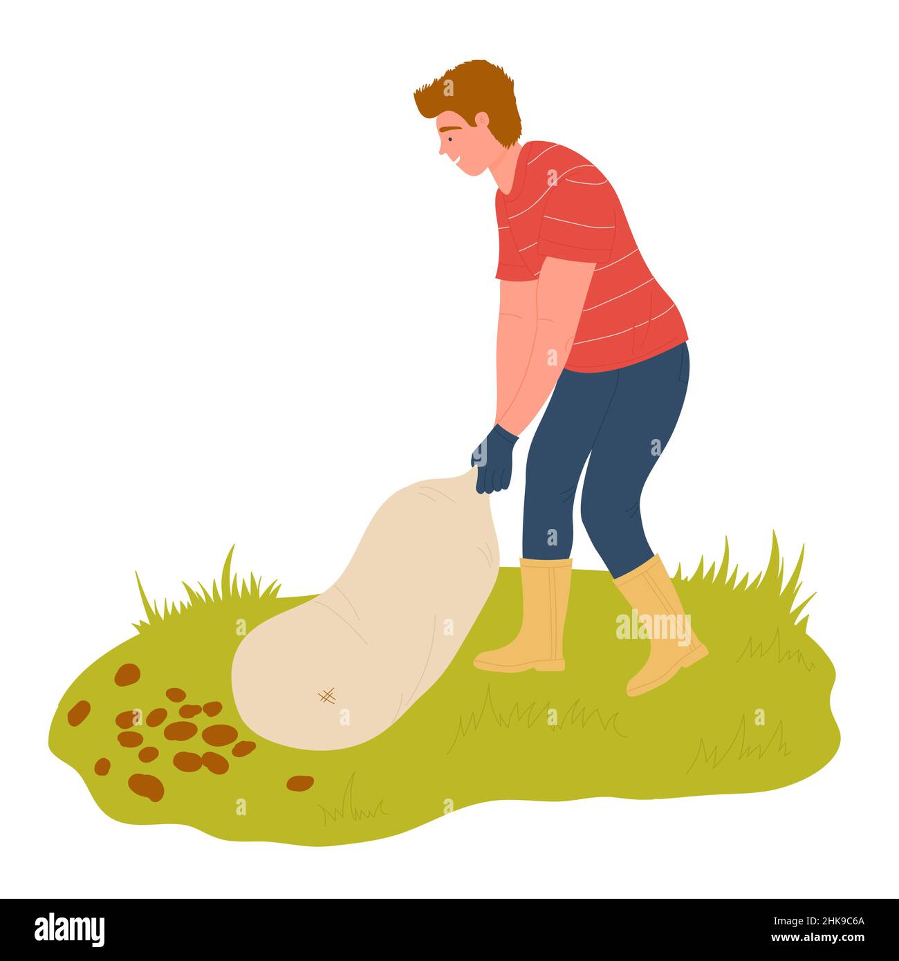 Equipped young boy picking up garden rubbish. Ecological farming daily ...